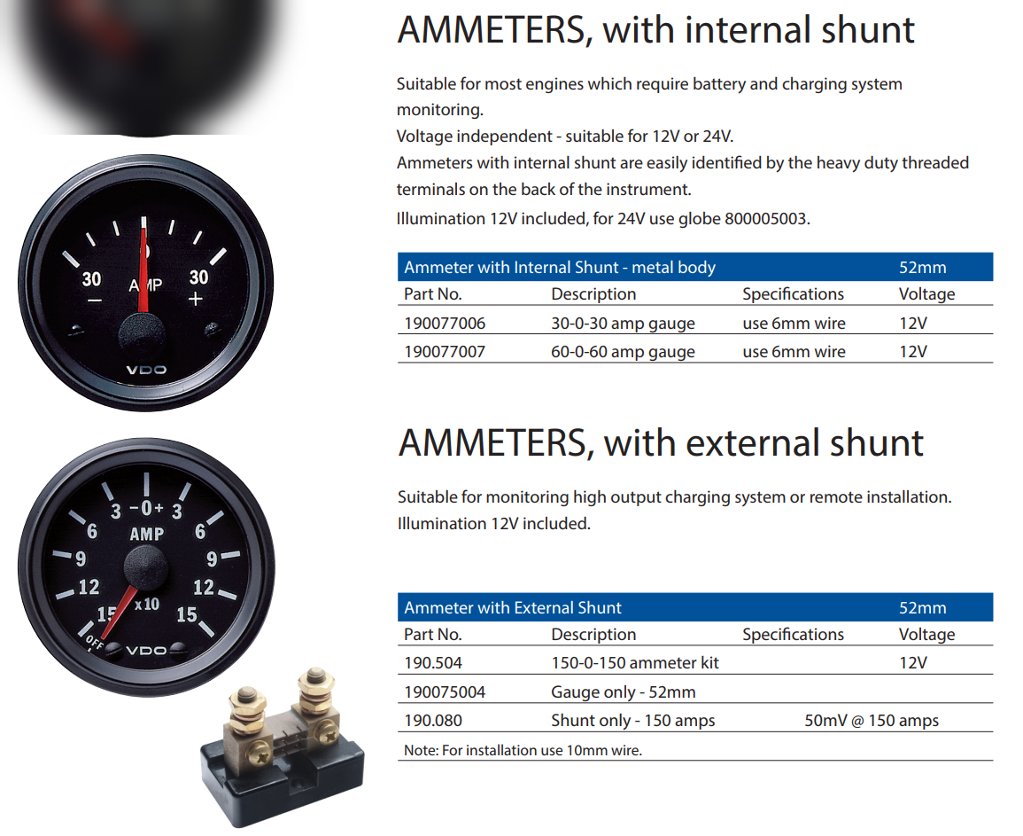 Cockpit Vision Ammeters, With Internal Shunt