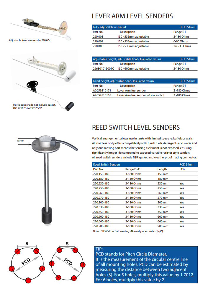 Senders & Switches Lever Arm Level Senders