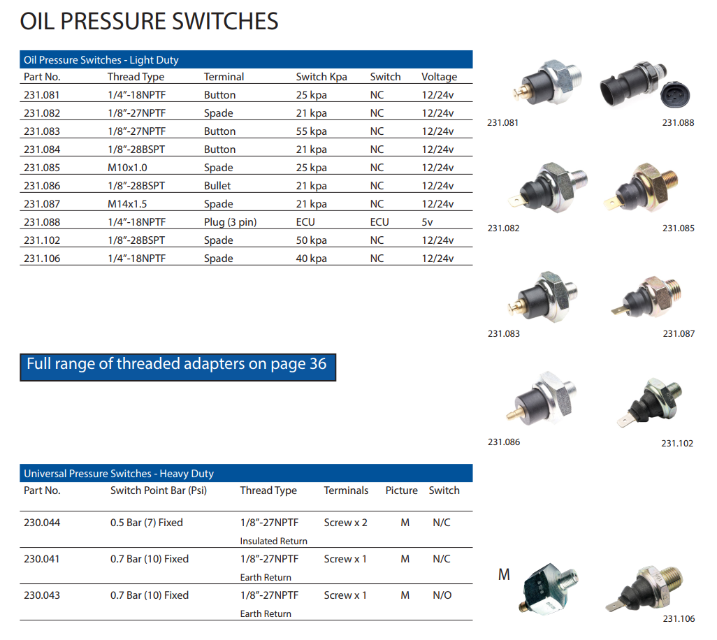 Senders & Switches Oil Pressure Switches - Light & Heavy Duty
